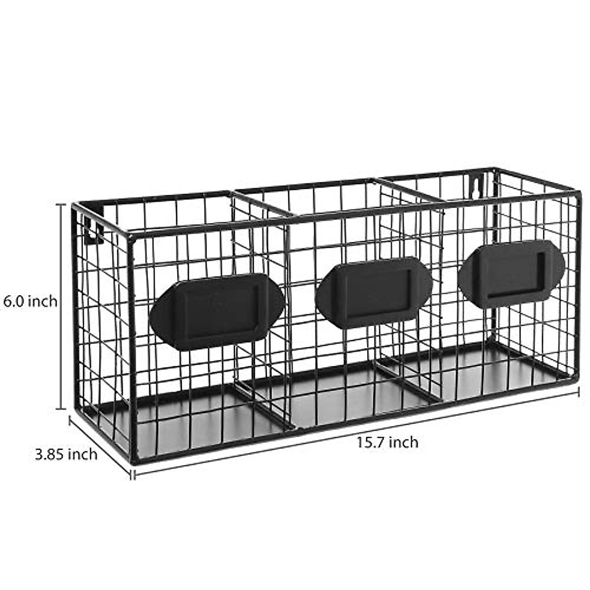 MyGift Utensil Organizer Wall Mounted Black Metal Kitchen Silverware Flatware Caddy Holder, Countertop Storage Basket with 3 Compartments and Chalkboard Labels