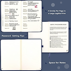 JUBTIC Password Book with Alphabetical Tabs. Medium Size Password Keeper Logbook for Internet Website Address Log in Detail. Hardcover Password Notebook & Organizer for Home Office, Navy Blue