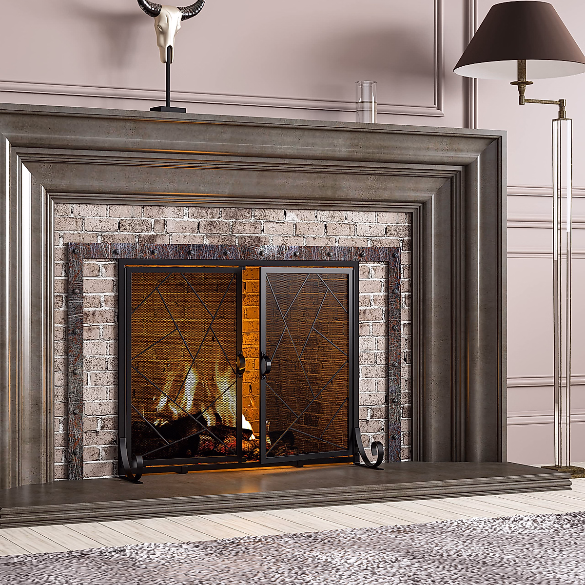 Fire Beauty Fireplace Screen with Hinged Doors Cast Iron Border Sturdy Steel Frame Durable Metal Mesh Decorative Spark Guard Black Finish(Middle)