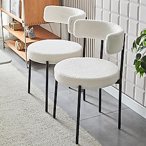 Honyee White Dining Chairs, Modern Dining Chairs Set of 4, Teddy Fleece Round Cushion Dining Room Chairs, Curved Backrest with Black Metal Legs (White, 4Pcs)