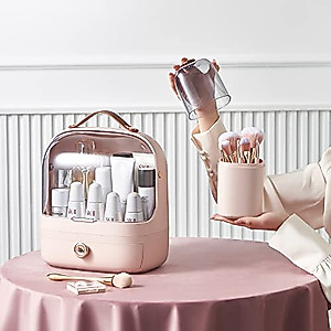MIUOPUR Large Makeup Organizer with Brush Holder, Cosmetic Display Case with Drawer, Waterproof and Dustproof Transparent Cover, Portable Handle, Suitable for Bathroom and Bedroom -Pink