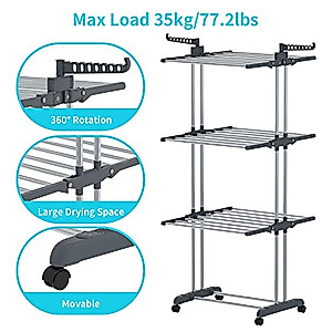 LEOSINYIN Clothes Drying Rack Folding Indoor, Drying Rack Clothing Foldable 4 Tier Laundry Racks for Drying Clothes, Stainless Steel Laundry Drying Rack with 4 Wheels (Gray)