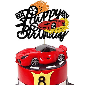 Bdayshop Fire Car Cake Topper Race Cars Cake Decorations Glitter Red Hot Car Cake Toppers for Boys Girls Racing Car Theme Birthday Party Supplies for Kids Baby Shower