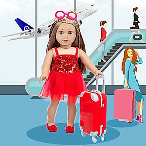 XFEYUE 18 inch Doll Clothes and Accessories - Suitcase Travel Luggage Play Set, Including Doll Clothes, Sunglasses, Camera, Computer, Mobile Phone, Unicorn Pillow Fit 18 inch Girl Doll