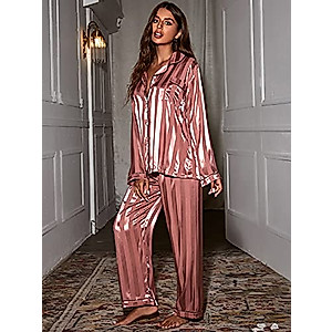 MakeMeChic Women's 2 Piece PJ Set Striped Long Sleeve Top and Pants Pajama Set Dusty Pink M