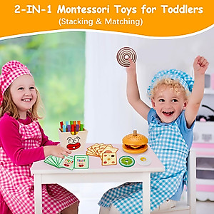 Montessori Toys for 2 3 4 5 Year Old, Wooden Burger Stacking Toys and French Fries Matching Games, Educational Fine Motor Toys for Toddlers Preschool Learning Pretend Play Food for Kid Boy Girl Gift