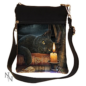 Nemesis Now The Witching Hour Shoulder Bag, Lisa Parker Artwork, Enchanted Black Cat Occult Books Design, Adjustable Strap, 23cm