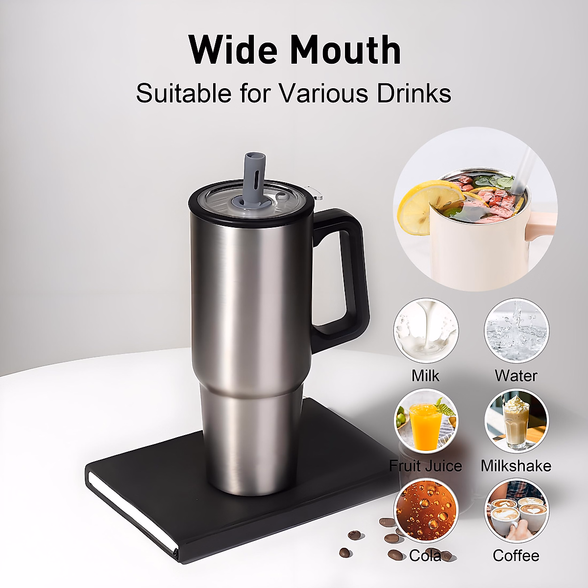 QINGHOU 30.4 oz Stainless steel cold cup,Insulated tumbler with handle、lid and straw,Cup holder compatible for travel,Large sports water bottle jug,Visualization glass cover thermos Cup (Silver)