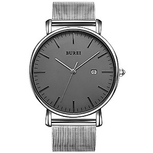 BUREI Men's Fashion Minimalist Wrist Watch Waterproof Watches Simple Ultra Thin Watches Analog Quartz Date with Stainless Steel Mesh Band (Gray Silver)