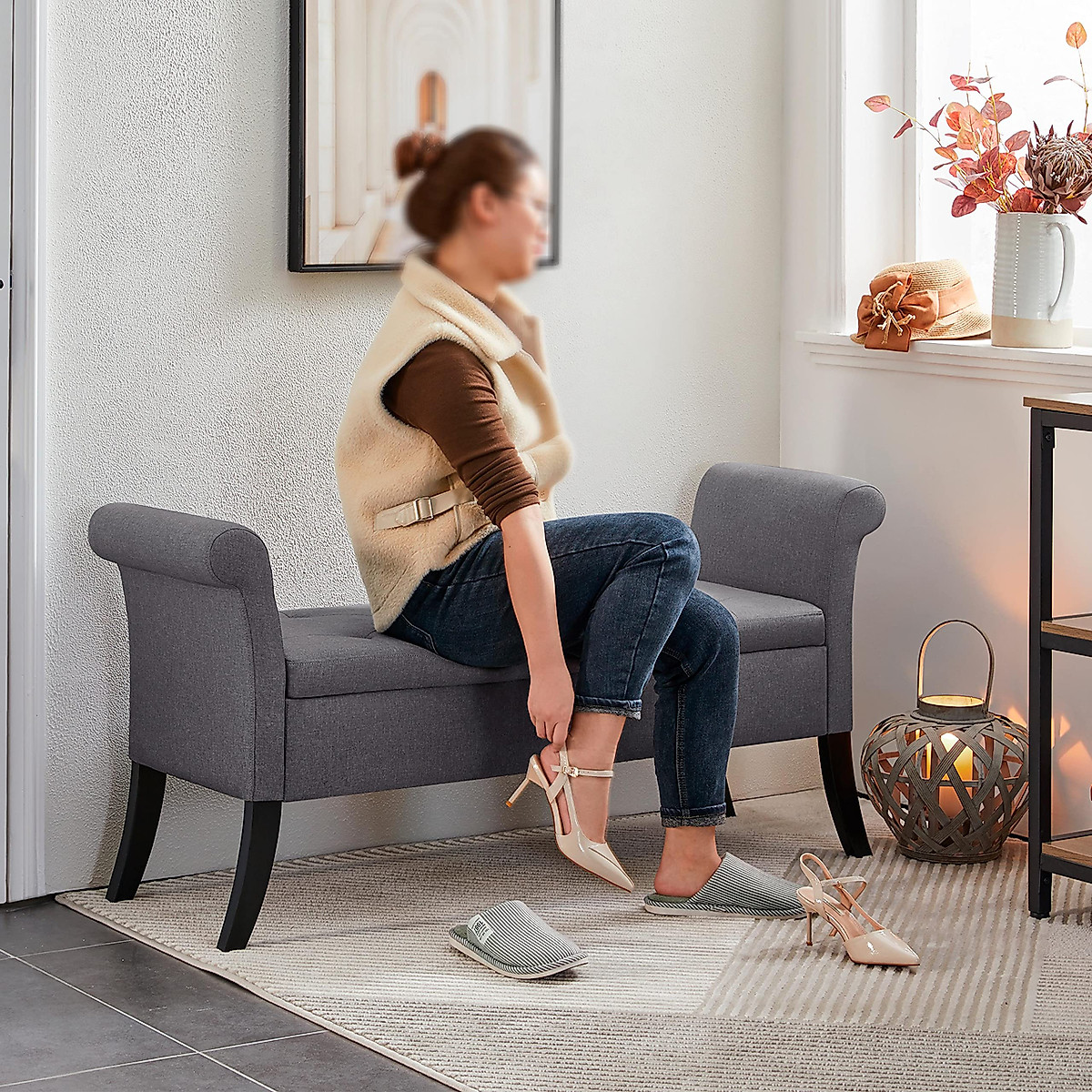 Yaheetech Fabric Modern Tufted Large Storage Bench with Rolled Arms Cushioned Storage Bench Entryway Bench Functional Storage Bench Footstool Foot Rest for Living Room Bedroom Window Side Dark Gray