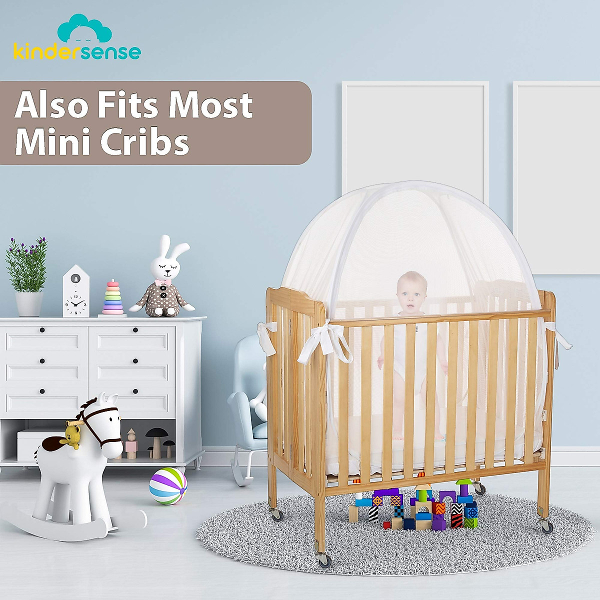 KinderSense - Pack N Play Tent Baby Safety Crib Net - Toddler Crib Topper for Playpens & Mini Cribs to Keep Baby from Climbing Out - Breathable Mesh Pop up Net - Mosquito Net Canopy Upgraded