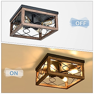 veilond Flush Mount Ceiling Light, Farmhouse Light Fixtures with Solid Wood Shade, 4-Light Kitchen Lights Ceiling, Rustic Ceiling Light Fixture Vintage Ceiling Lamp for Hallway Entryway Bedroom