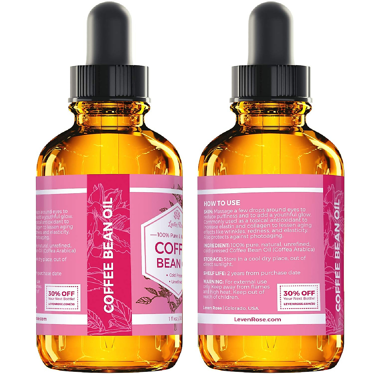 Leven Rose Coffee Bean Oil 1 oz - 100% Natural Cold Pressed Oil - Unrefined Coffee Oil for Skin and Hair
