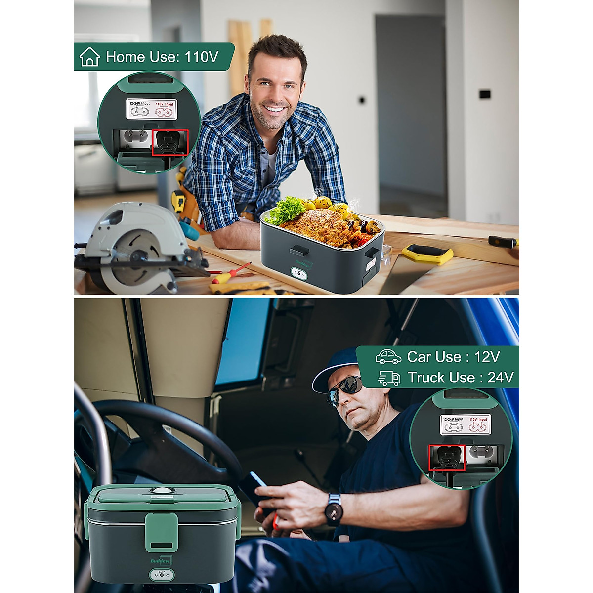 Buddew Electric Lunch Box 80W Food Heater 1.8L Large Capacity Heated Lunch Box 3 in 1 12V/24V/110V Portable Lunch Warmer for Car/Truck/Home/Office with Carry Bag and Fork and Spoon (Gray+Green)