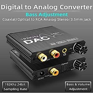 192KHz Digital to Analog Audio Converter with Bass and Volume Adjustment,Digital SPDIF/Optical/Toslink/Coaxial to Analog Stereo L/R RCA and 3.5mm Jack Converter for PS3 PS4 DVD AppleTV Home Cinema