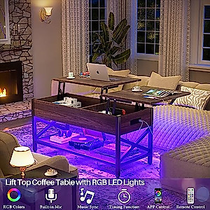 Aheaplus Coffee Table, Lift Top Coffee Table with LED light and Power Outlet, Modern Lift-Top Table with Storage Shelf, Center Table for Living Room with Lift Tabletop, X Support Metal Frame, Espresso