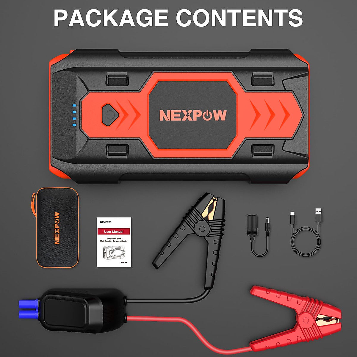 NEXPOW Battery Jump Starter 2500A Car Jump Starter (up to 8.0L Gas/8L Diesel Engines) 12V Car Battery Booster Pack with USB Quick Charge 3.0 and 4 LED Modes Red Blue Warning