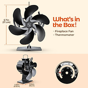 Zmirne Wood Stove Fan, 6 Blades Heat Powered Fireplace Fan with Magnetic Thermometer, Silent Stove Top Fan, Wood Stove Accessories, Non-Electric Fan for Wood Burning Stove/Pellet/Log Burner/Fireplace