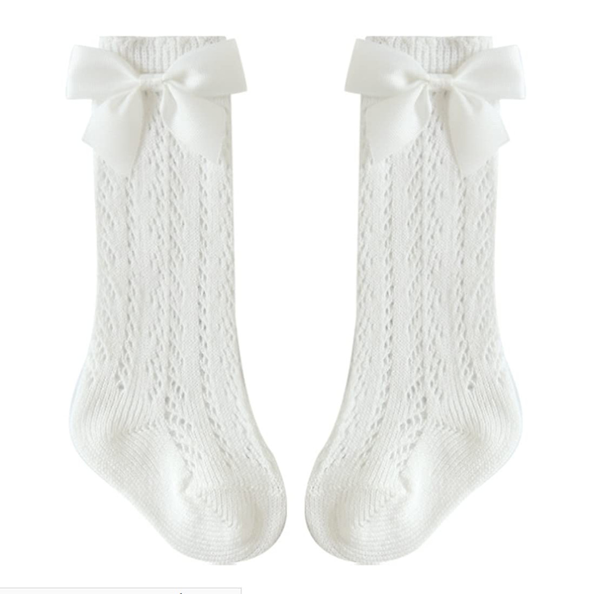 DINGDONG'S CLOSET Baby Infants Toddlers Girls Summer Uniform Knee High Bowknot Socks Hollow Knitting Stockings (White,3-5T)