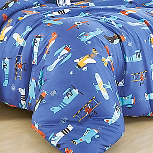 Blue Airplanes print Comforter Set for Boys Girls teen. Twin size Bedding for kids room. Include Twin comforter fitted sheet, pillow sham and Plush Airplane pillow (AIRPLANE, Twin)