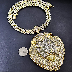 MAXBLING81 FASHION HIP HOP RAPPER STYLE ICED SIMULATED DIAMOND GOLD SILVER PLATED JUMBO LARGE LION HEAD CHARM PENDANT & 14mm 18" 20" 24" ZIG ZAG CUBAN BOX LOCK CHAIN NECKLACE GIFT (24" CHAIN, GOLD)