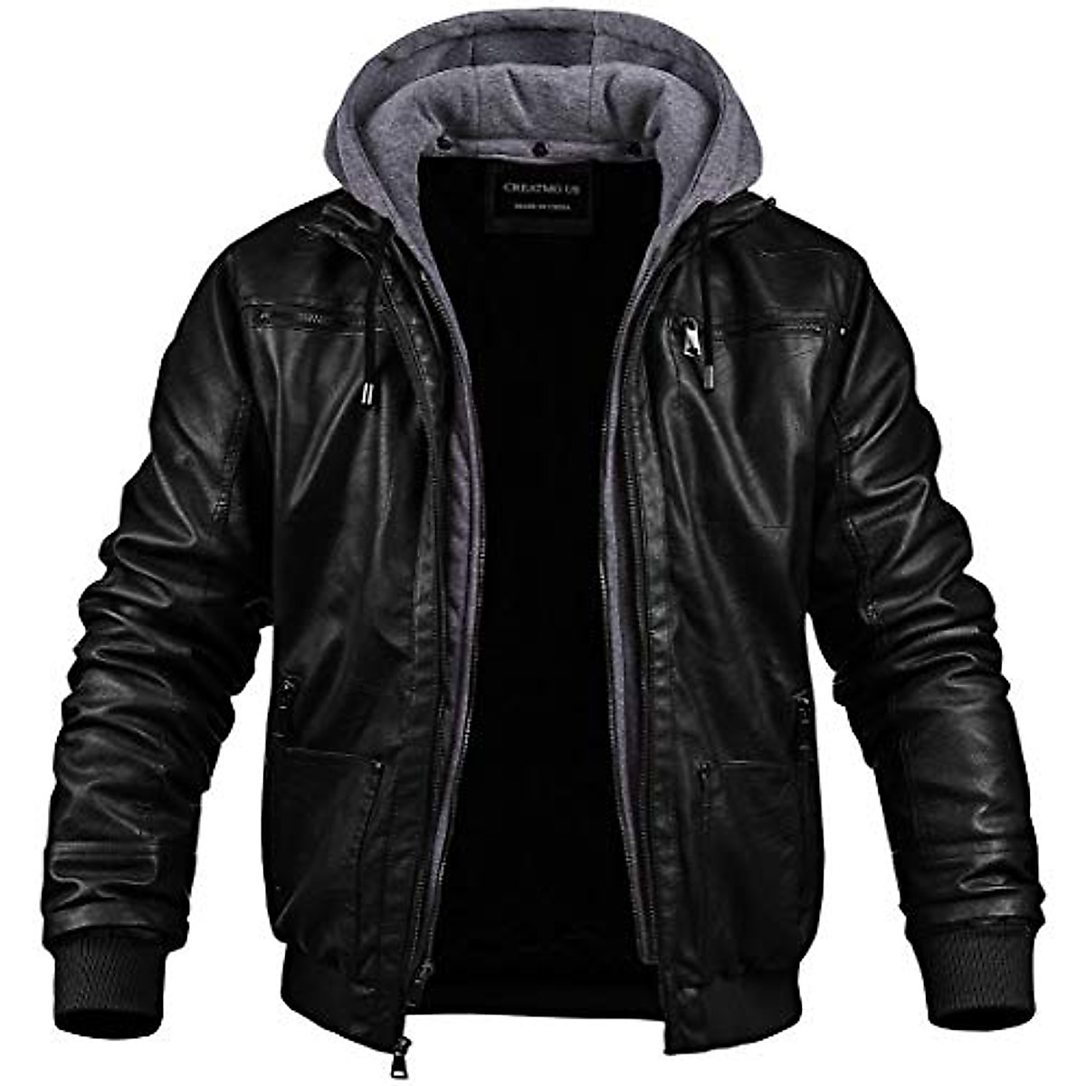 CREATMO US Men's Faux Leather Jacket Vintage Motorcycle Jacket Warm Winter Coat Black XL