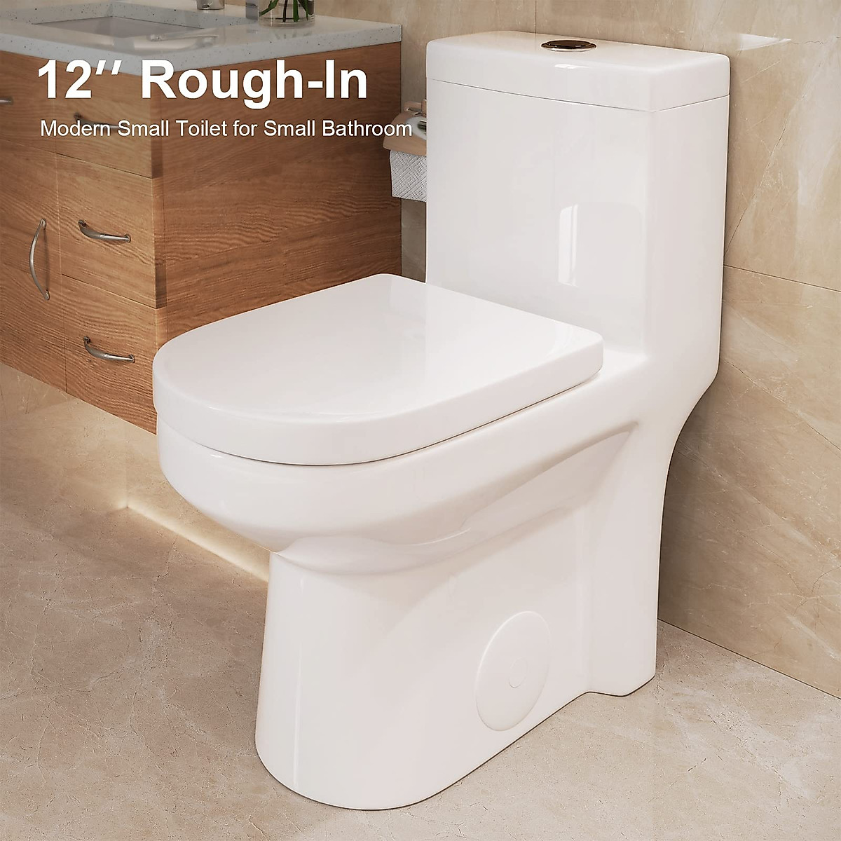 HOROW HWMT-8733 Small Compact One Piece Toilet For Bathroom, Powerful & Quiet Dual Flush Modern Toilet, 12'' Rough-In Toilet & Soft Closing Seat Include, 25"D x 13.4"W x 28.4"H, White