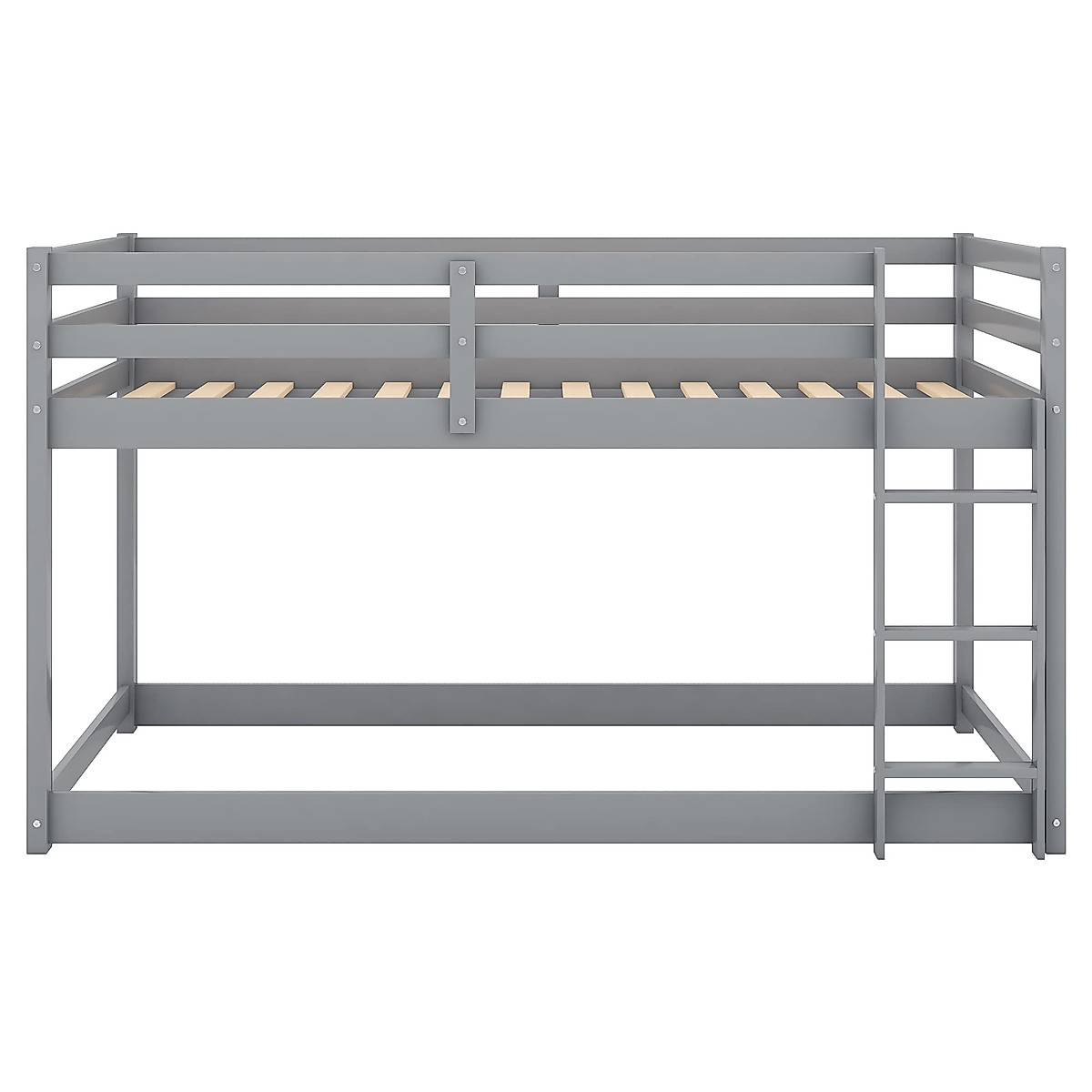 MWrouqfur Twin Over Twin Bunk Bed with Ladder & Safety Guardrails,Solid Pinewood Bedframe,Low Floor BunkBed for Boys and Girls Bedroom,Space Saving,No Box Spring Needed (Gray)
