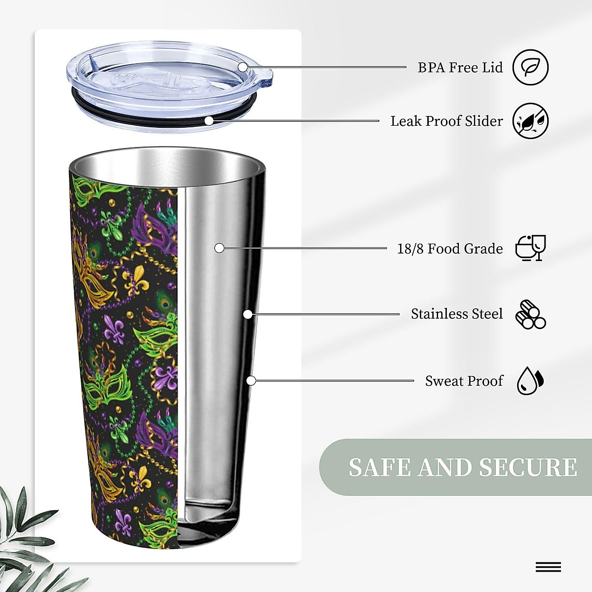 20 Oz Tumbler with Lid and Straw, Mardi Gras Surface Insulated Tumbler Stainless Steel Cups, Personalized Coffee Tumbler Travel Mug Water Bottle