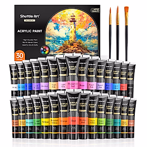 Shuttle Art 30 Colors Acrylic Paint Set, 36ml Tubes with 3 Brushes, Artist Grade Acrylic Paint, for Kids Adults Beginners, Painting on Crafts Canvas Wood Rocks