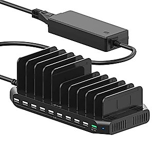 Alxum USB Fast Charging Station with Quick Charge 3.0, 10 Port Charging Stand for Multiple Devices, Compatible with iPad, iPhone, Samsung Galaxy, Black