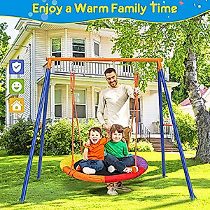 GIKPAL Saucer Swing with Stand for Kids Outdoor, 440lbs Swing Set with Heavy-Duty Metal Frame and Adjustable Ropes, Safe Waterproof Round Swing for Backyard Playground Park, Rainbow Color