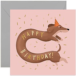 Old English Co. Happy Birthday Sausage Dog Confetti Card - Gold Foil Daschund Greeting Card for Him, Her, Them | Celebrations for Family and Friends | Blank Inside & Envelope Included