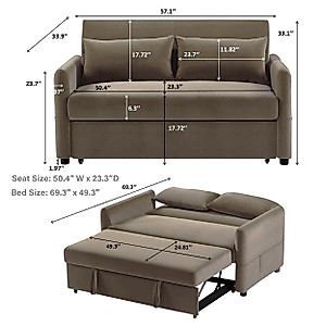 Lunanniu 57.1 Convertible Sleeper Sofa Bed, Loveseat Sleeper Couch Dutch Velvet Deep Seat with Pull-Out Bed, Small Love Seat with 3-Reclining-Position Backrest for Living Room Office Brown