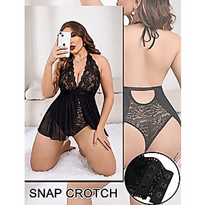 Avidlove Plus Size Babydoll Womens Lingerie Snap Crotch Lace Nighty Halter Plunging Mesh Sleepwear 14-24W (18W, Black)