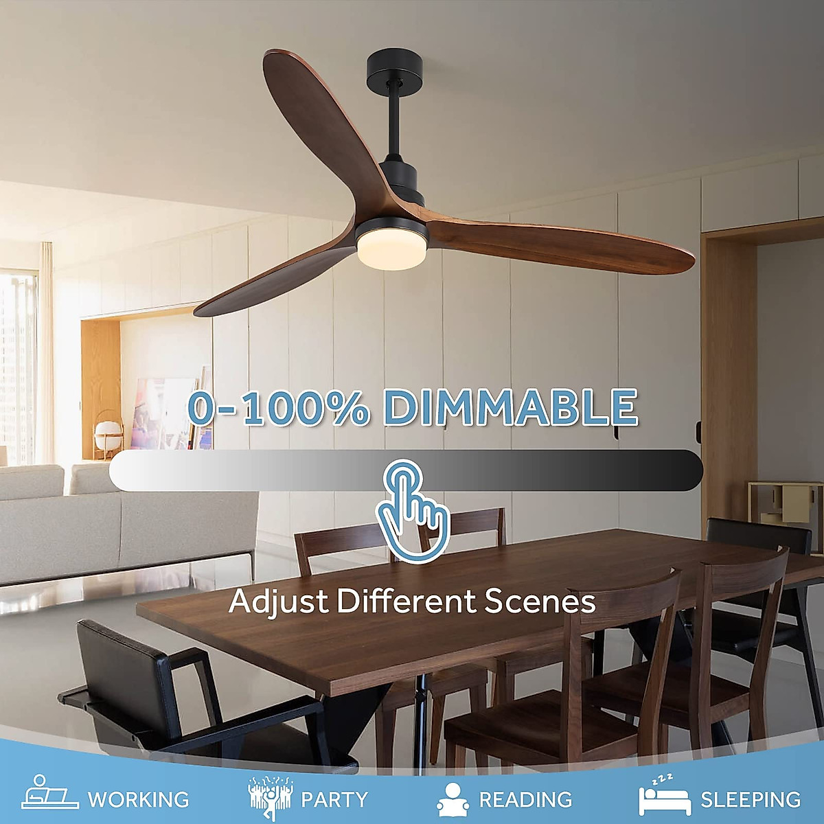 Sofucor 60" Wood Ceiling Fan with Light and Remote, Dimmable LED Ceiling Fan, Noiseless DC Motor, 3 Oil Rubbed Bronze Blades, for Indoor or Covered Outdoor, Matte Black