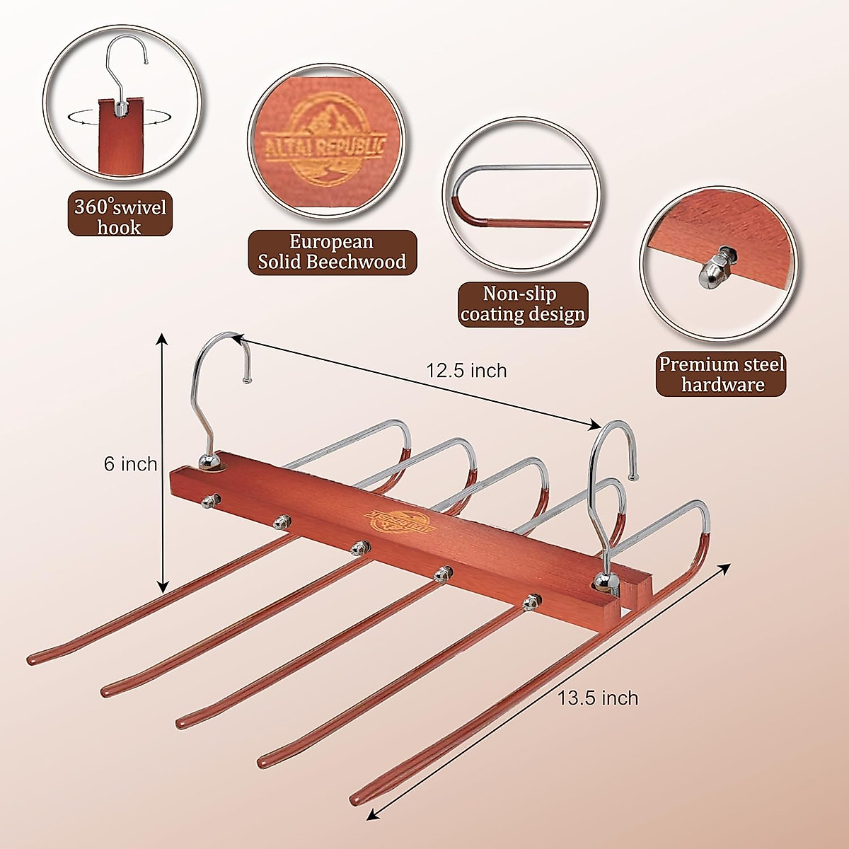 Altai Republic Wooden Pants Hangers Space Saving - 5 in 1 Jean Hangers for Closet - Trouser Hangers, Stainless Steel Extendible, Multi Hanger, Magic Hanger, Wardrobe Clothes Hanger Holder (Mahagony)
