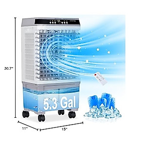 Uthfy Evaporative Air Cooler, Swamp Cooler with 5.3 Gallon Water Tank, 4 Ice Box, Remote, 12H Timer, 110°Oscillation, Portable Air Cooler Cooling Fan with 3 Speeds for Bedroom Home Office