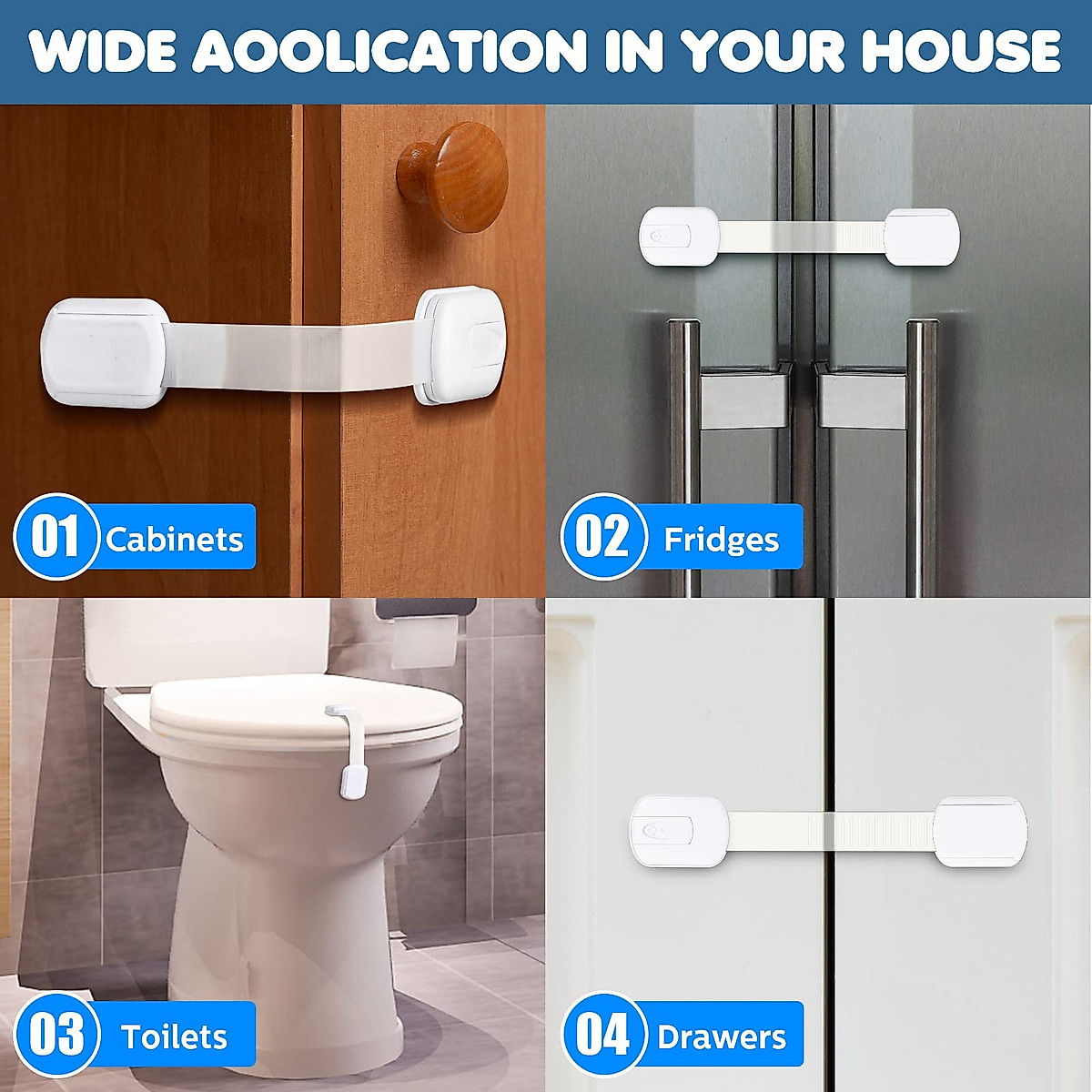 SEEWEY 60 Pieces Baby Proof Cabinet Latches Adhesive Child Safety Cabinet Locks for Doors Adjustable Multi Use Baby Cabinet Safety Latches No Drilling Child Door Locks for Kids Safety