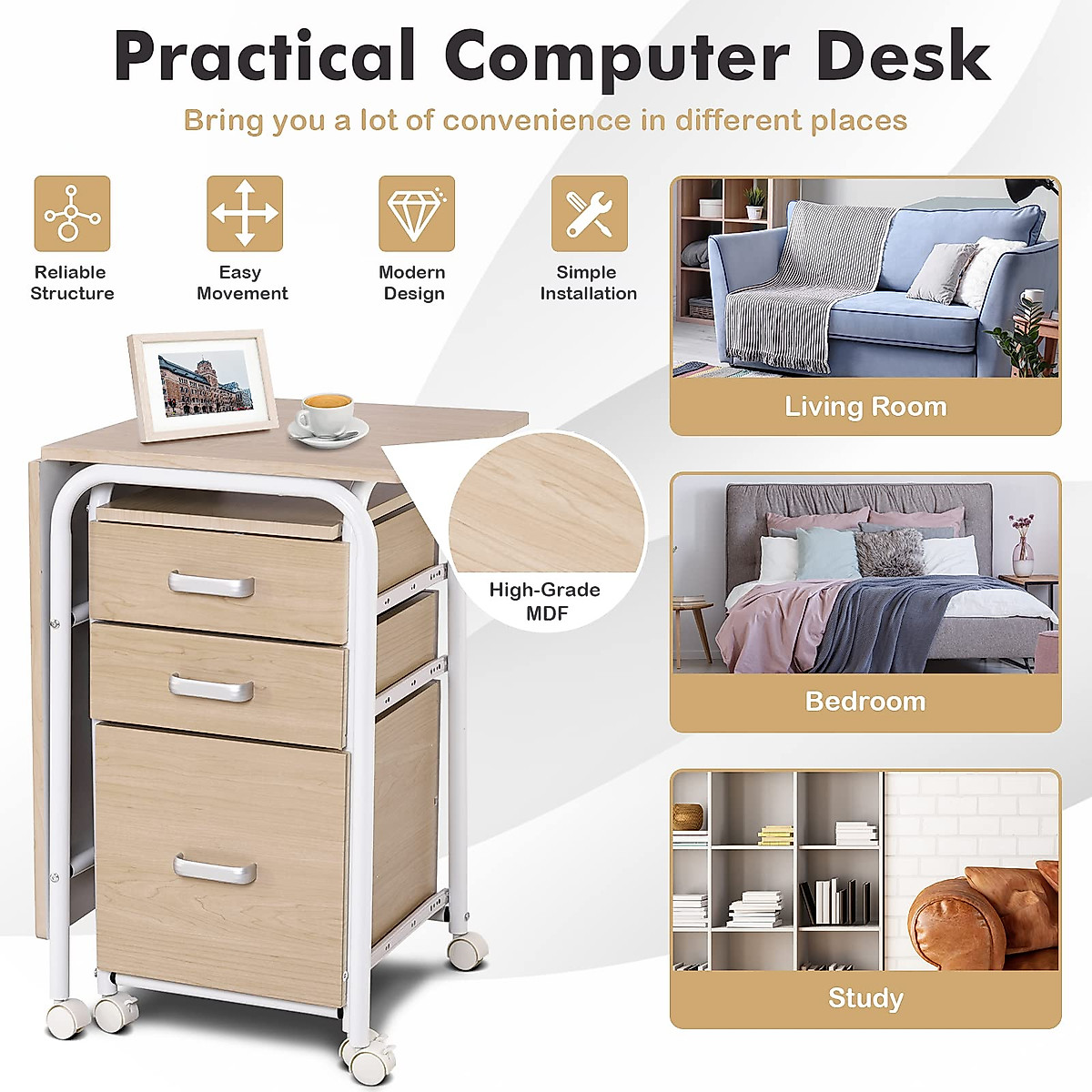 Foldable Computer Laptop Desk w/ 3 Drawers, Wheeled Laptop Desk with Metal Frame, Space Saving Folding Desk with Rolling Wheels for Home Office Small Space (Natural)