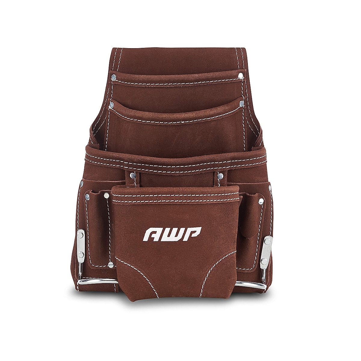 AWP 10-Pocket Suede Tool Pouch | Durable General Construction Leather Tool Pouch | Brown