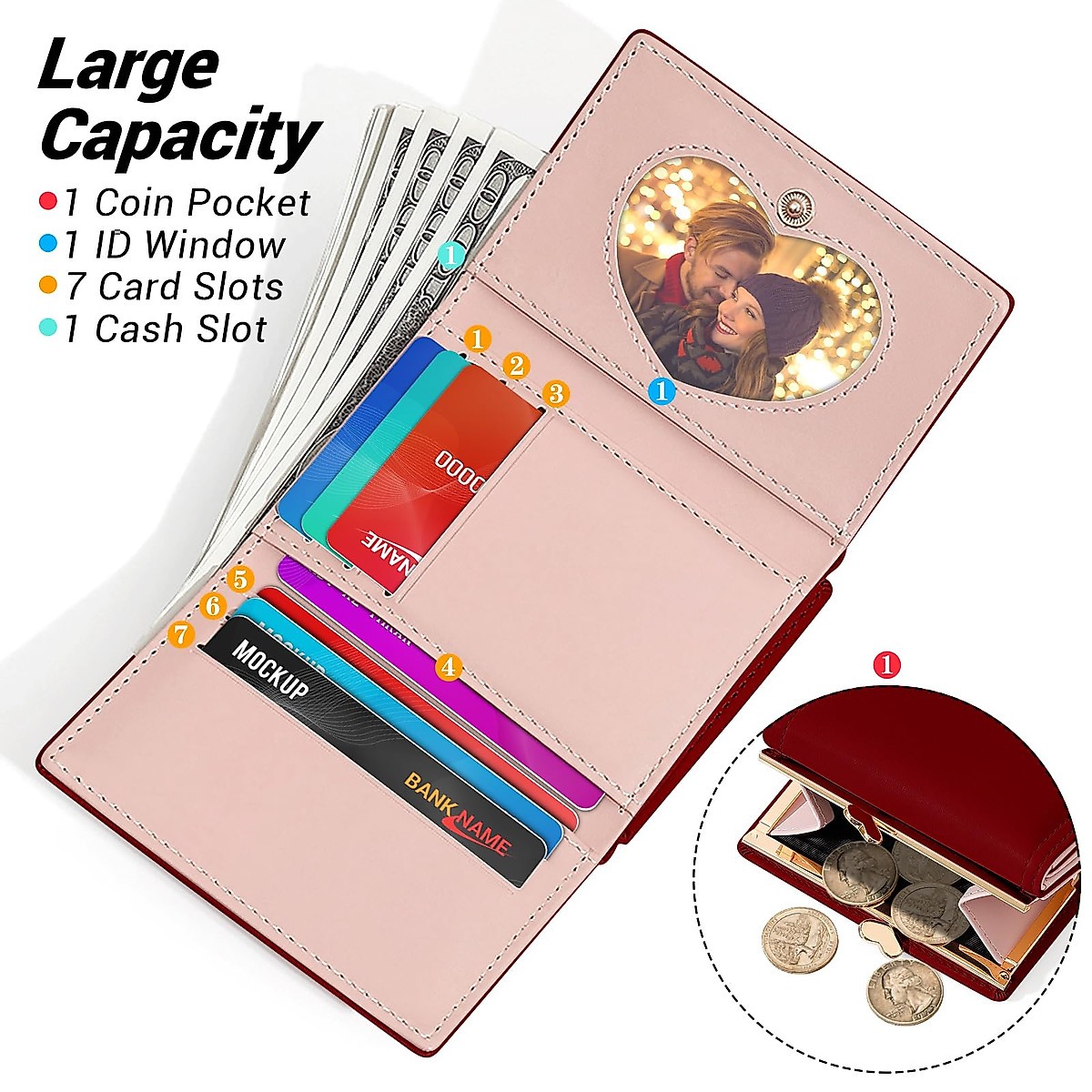 YINHEXI Wallet for Women, Cute Womens Wallet Card Holder, Small Trifold RFID Blocking Purse, Cute Small Leather Pocket Wallet for Women, Girls, Ladies Mini Short Purse (Burgundy)