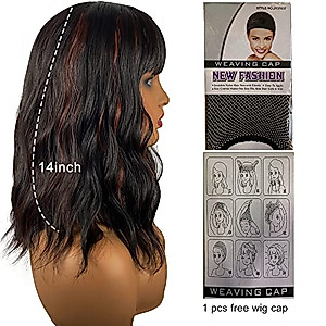 MIMISERVICE Black Short Wavy Wig with Bangs for Women Shoulder Length Black with Brown Bob Curly Women's Charming Synthetic Wigs with Natural Wavy Heat Resistant Hair for Daily Party Use