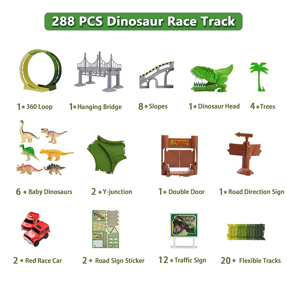 288 Pcs Dinosaur Race Car Tracks Set for Kids,Flexible Train Tracks to Create A Dino World Road with Bridge, 2 Electric Race Cars Best Gift for Toddlers Boys and Girls