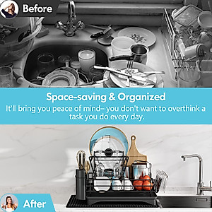 Dish Drying Rack Drainboard Set, Large Stainess Steel 2 Tier Dish Rack with Drainage Dish Drainers for Kitchen Counter with Wine Glass Holder, Cutting Board Holder, Utensil Holder and Dry Mat(Black)