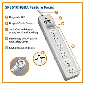 TRIPP LITE Hospital-Grade Surge Protector Medical Power Strip, 6 Outlets, Right-Angle NEMA 5-15PHG Plug, 10 Foot / 3M Cord, 1050 Joule Protection (SPS610HGRA)
