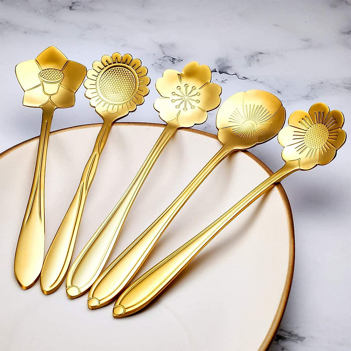 QNCIGER 5-Inch 8 Pcs Flower Spoon Coffee Teaspoon Set, Drink Stirring Spoon for Dessert, Coffee, Ice Cream, Tea (Gold)