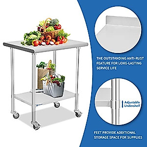 Aplancee Stainless Steel Table, 30 x 24 Inches Prep & Work Table with Caster and Adjustable Undershelf Metal Utility Workstations for Commercial Kitchen