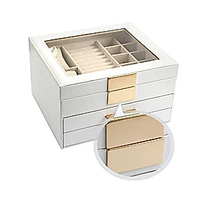 Jewelry Box with Transparent lid, 3-Layer Jewelry Organizer with 2 Drawers, Jewelry Storage Box, Watch Display, Jewelry Organizer, Gift for Loved Ones, White