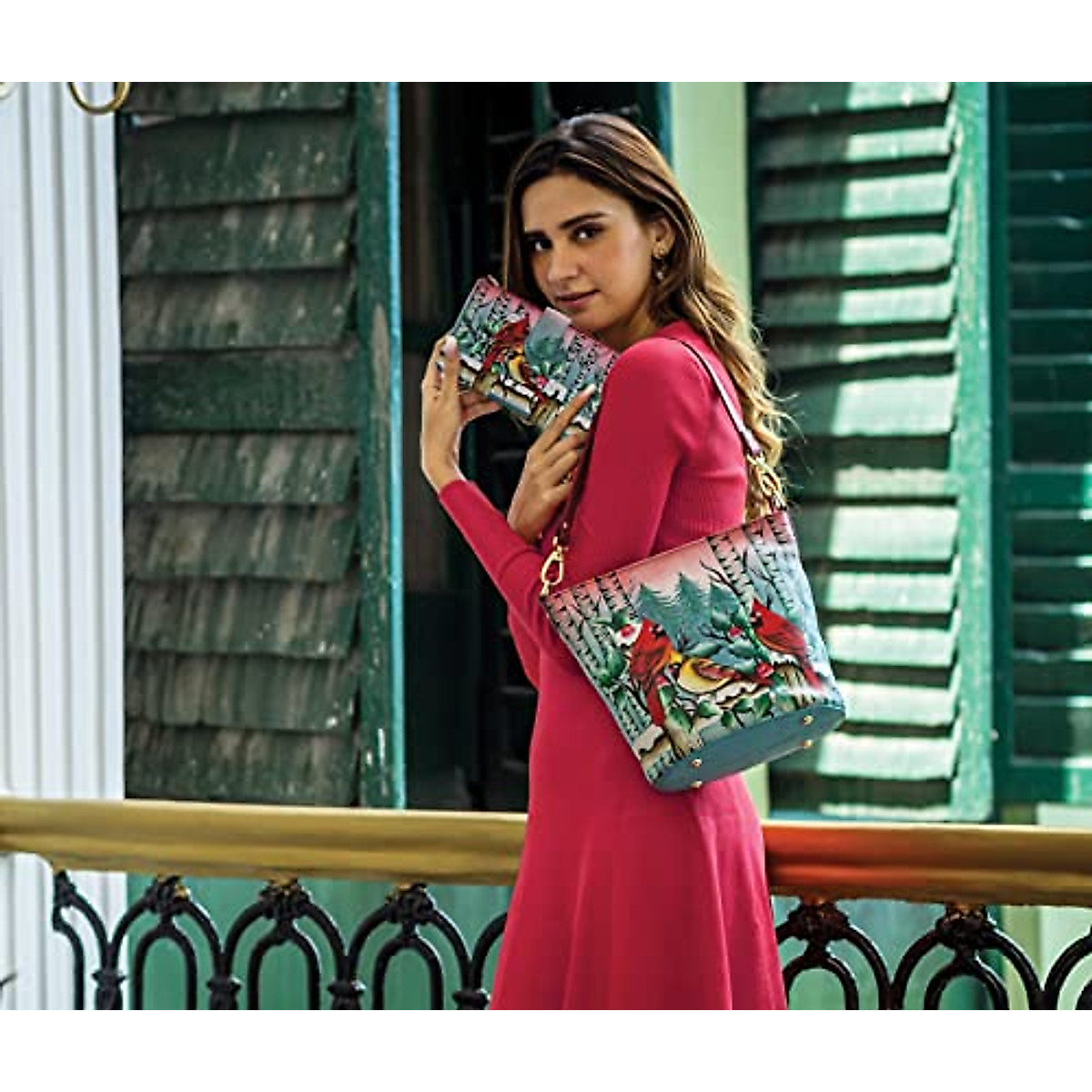 Anuschka Women’s Hand Painted Genuine Leather Tall Bucket Hobo - Snowy Cardinal